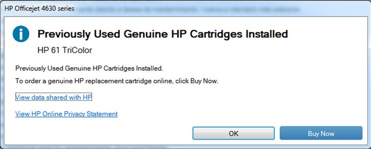 Solved: Previously Used Geniune HP Cartridges Installed - HP Support ...