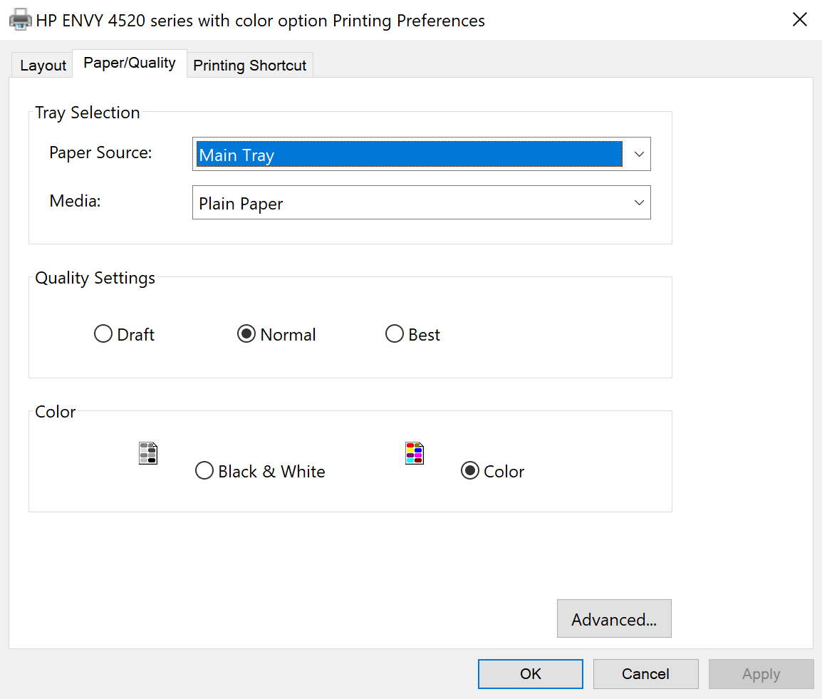 Solved: No color option in the network printer properties - HP Support ...