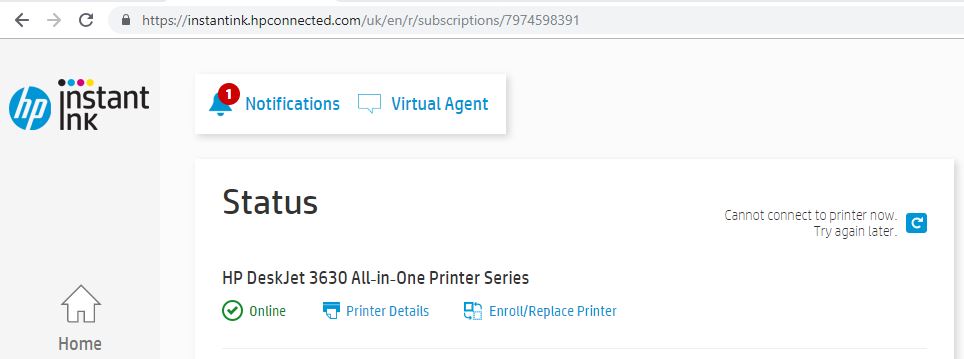 HP Instant Ink - status cannot connect to printer now - HP Support ...