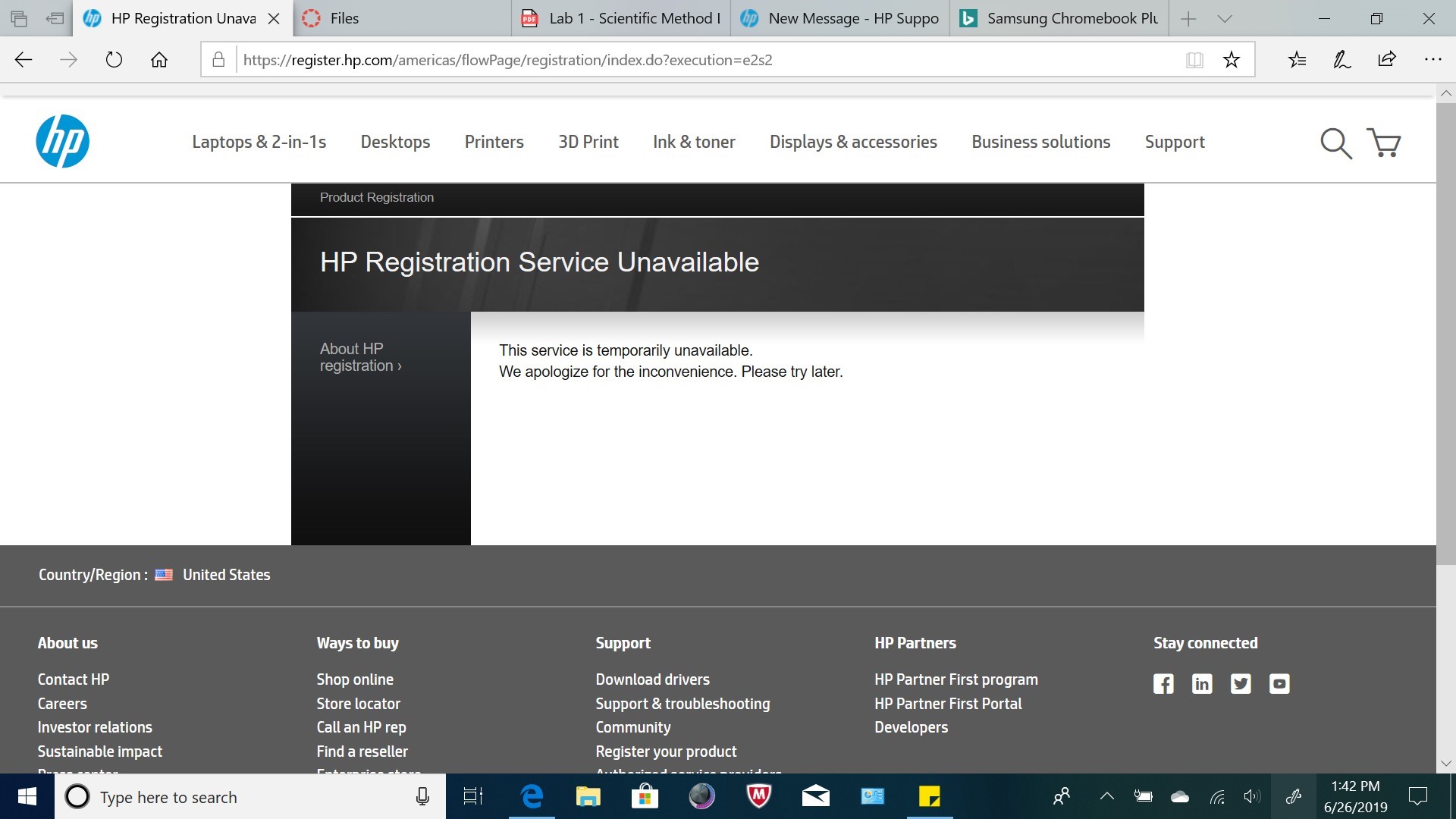 HP Registration Service Unavailable - HP Support Community - 7157253