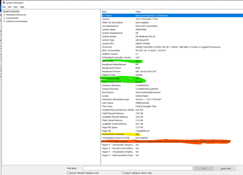 Kernel DMA, Device Encryption support, Unallowed DMA Device,... - HP ...
