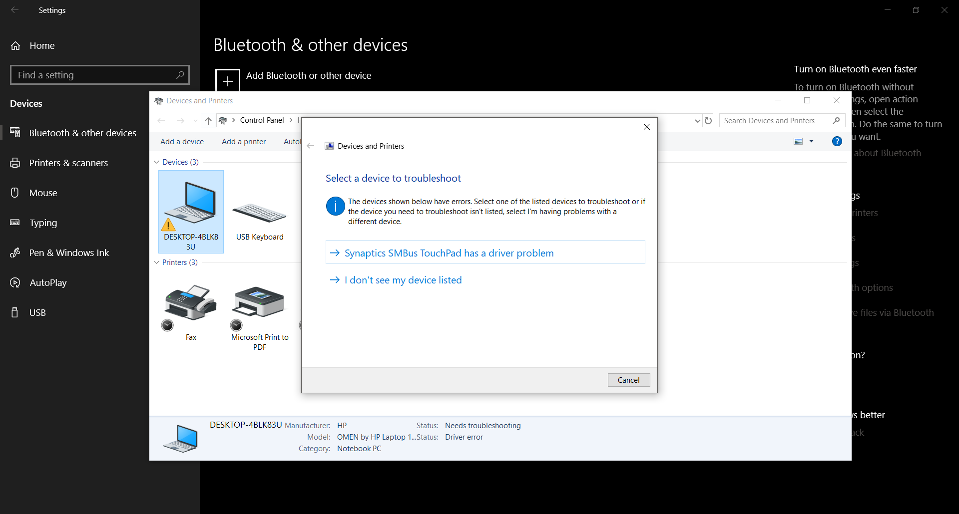 Omen by HP Laptop 15 ce0xx Synaptics SMBus Touchpad Error - HP Support ...