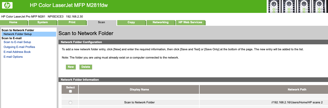 Solved: HP Color LaserJet MFP M281fdw - Scan to Network Folder not w ...