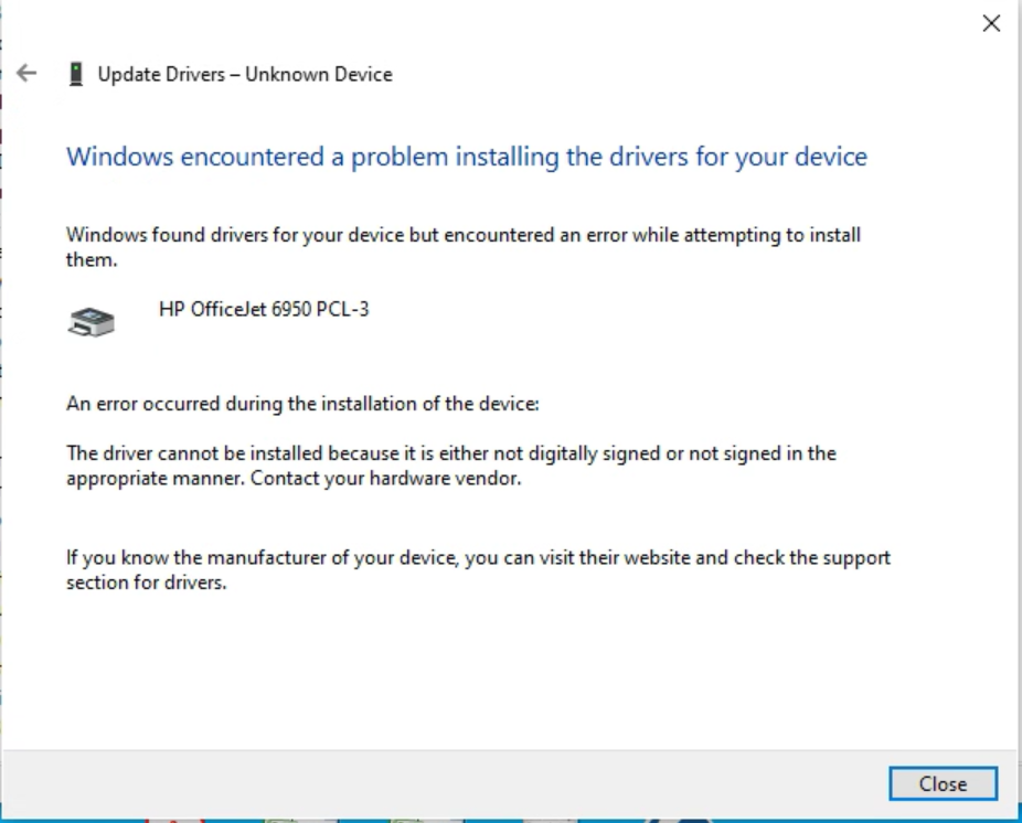 Officejet 6950 "driver not installed" error on Windows 10 19... - HP ...