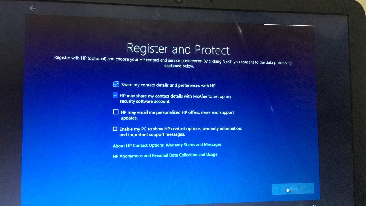 Can’t pass Register and Protect Screen - HP Support Community - 7382265