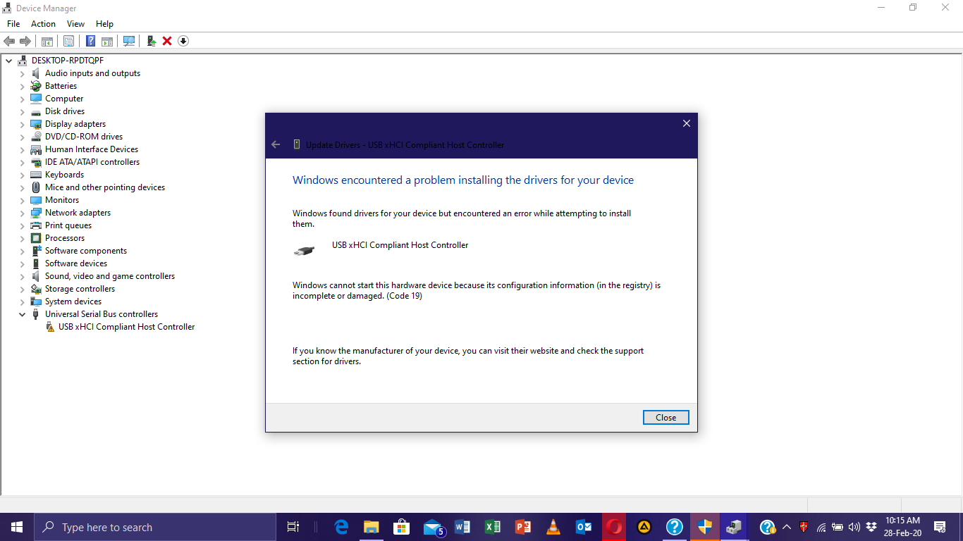 The system says code 19 when I attempt to update the USB HCI... - HP ...