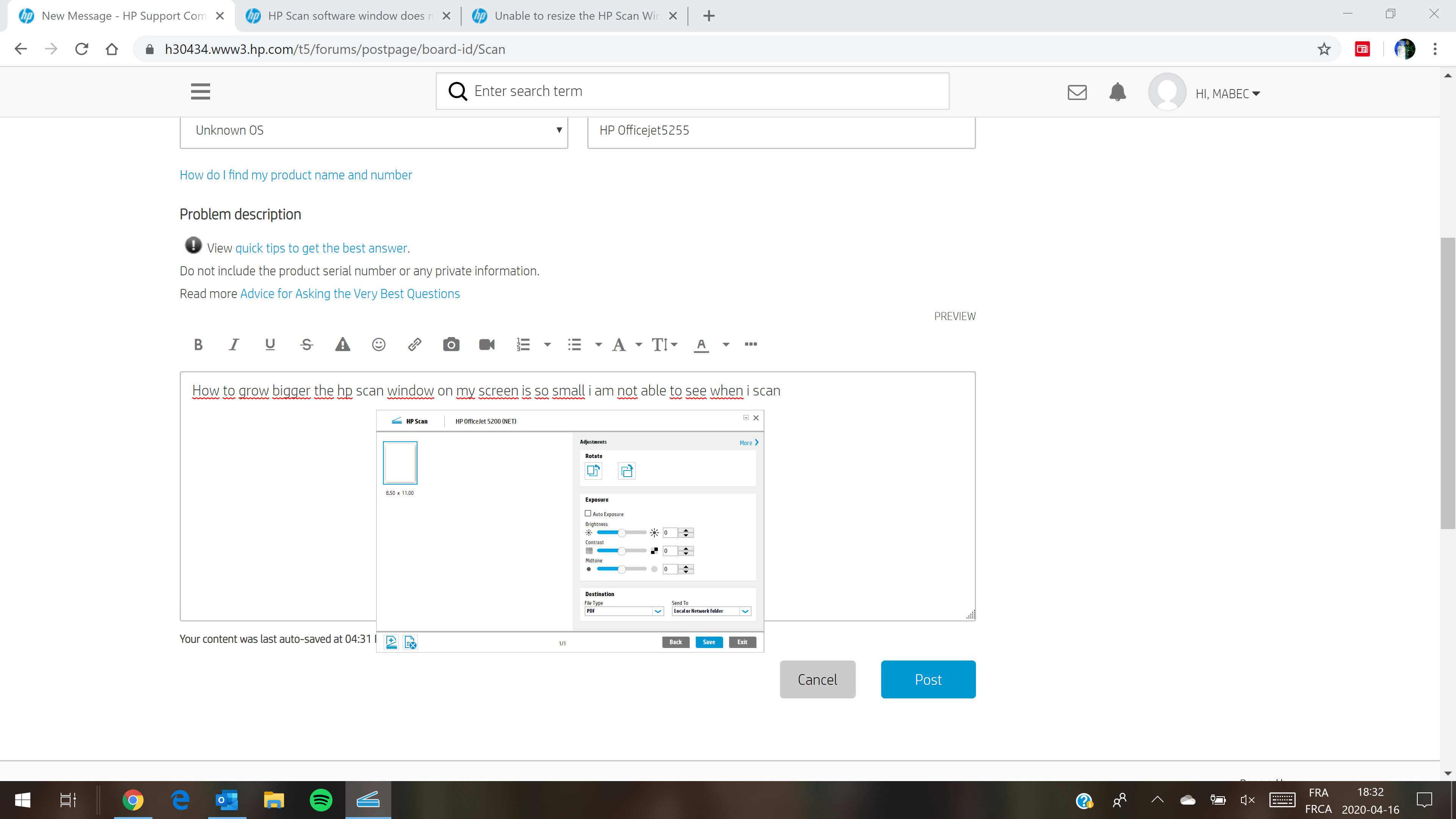How to resize the scan window - HP Support Community - 7557648
