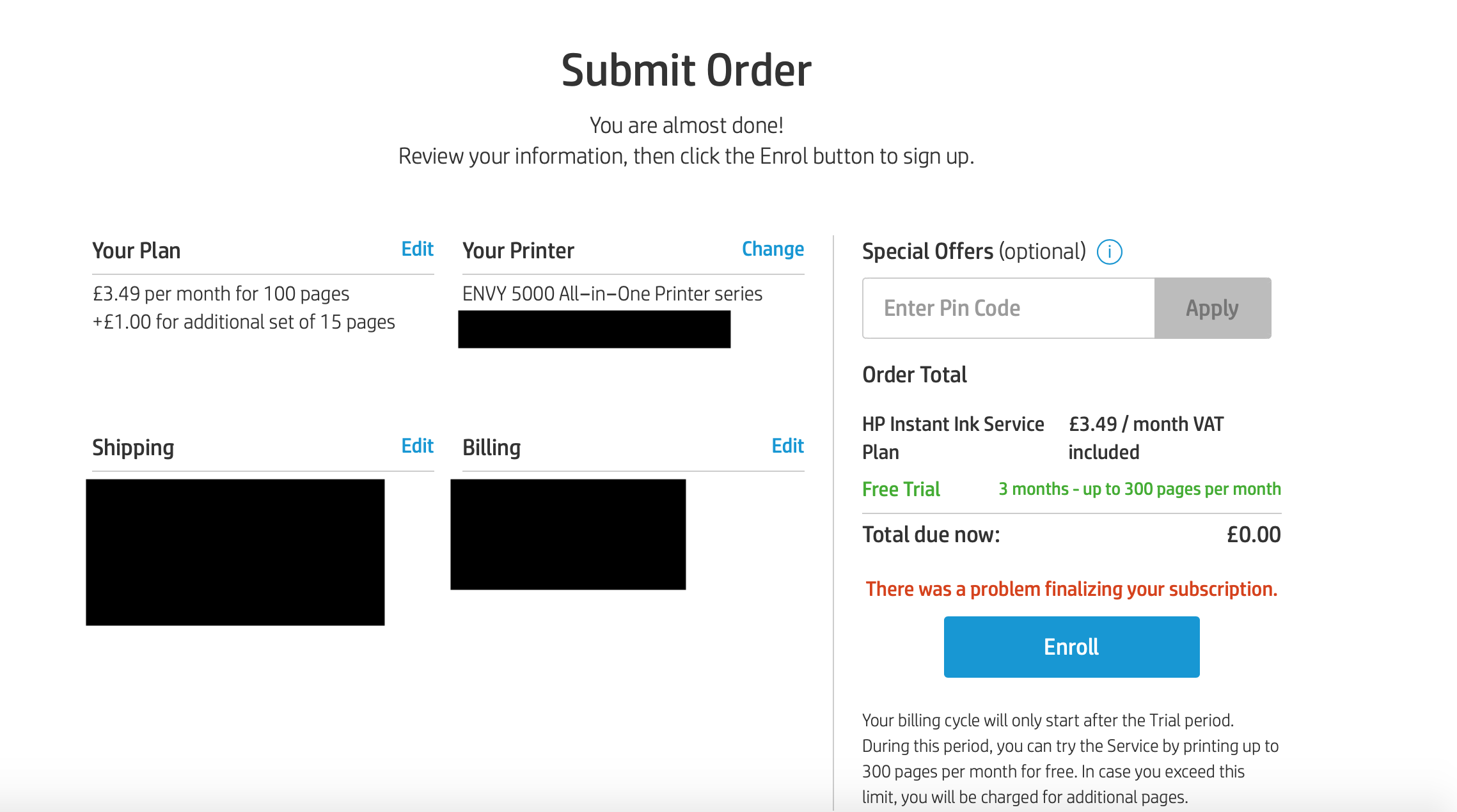 There was a problem finalizing your subscription. - HP Support ...