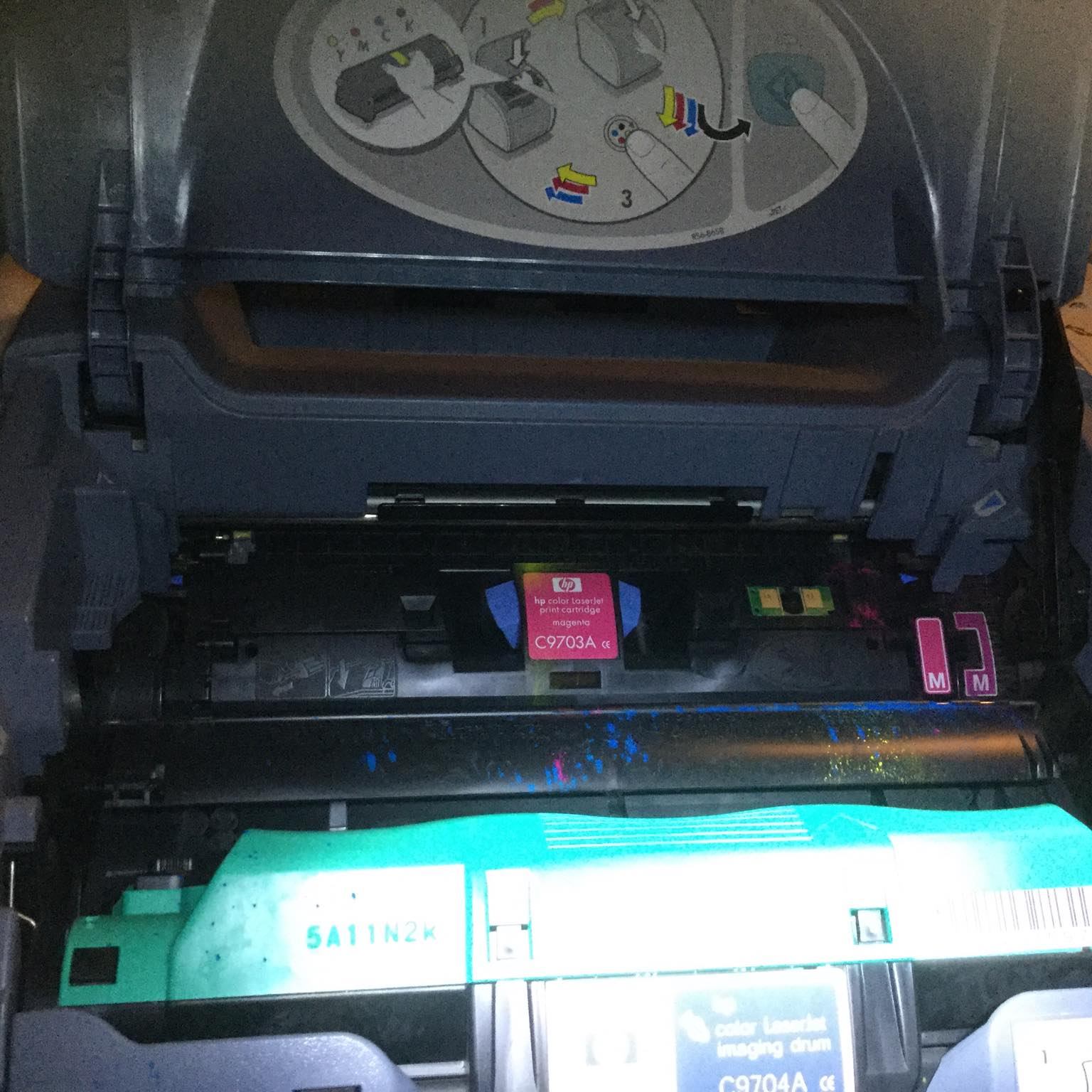 Color ink dust all over inside of printer, printing artifact... - HP ...