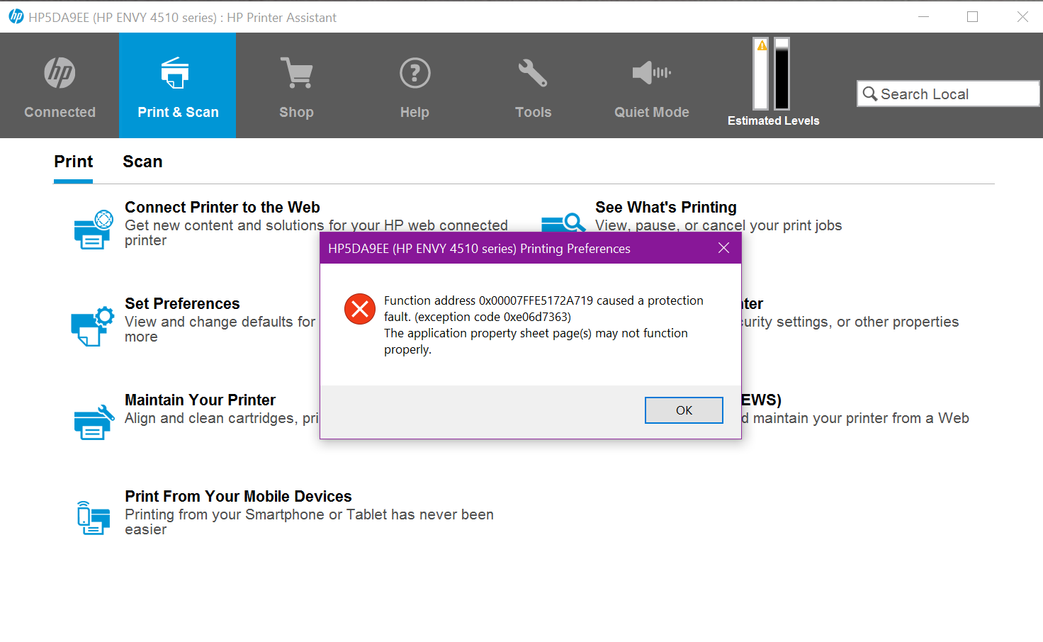 repeat error codes when trying to access HP Printer Assistan... - HP ...
