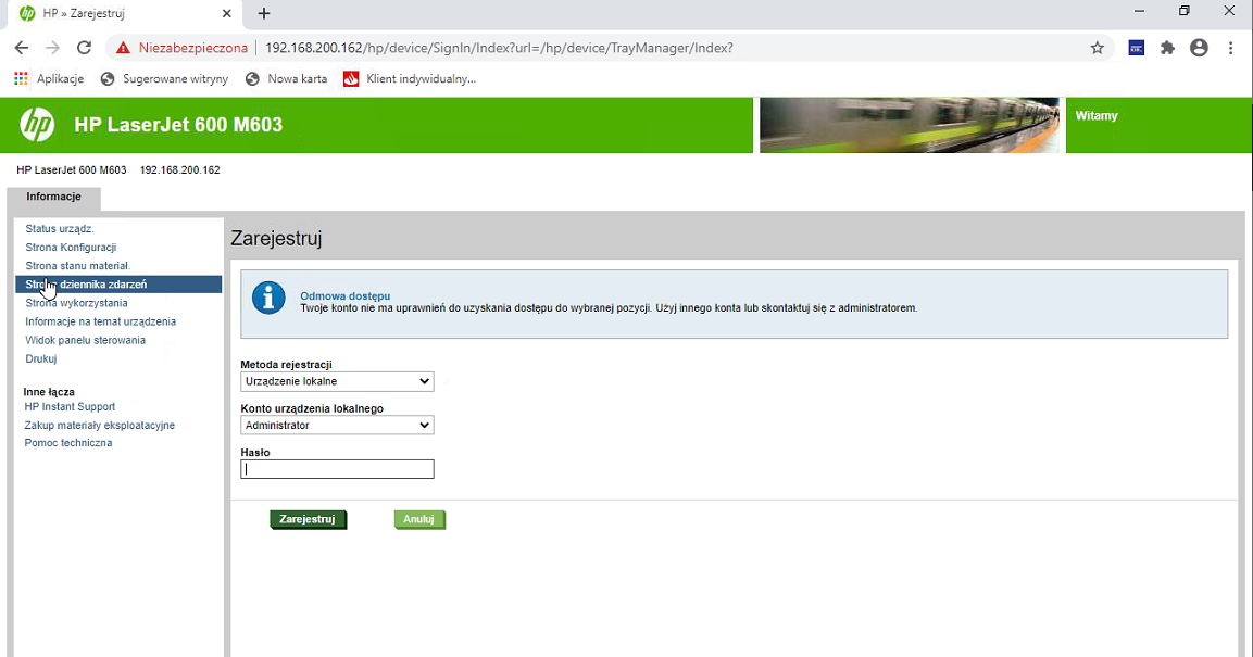 HP LaserJet 600 M603 Odmowa dostępu - HP Support Community - 7778532