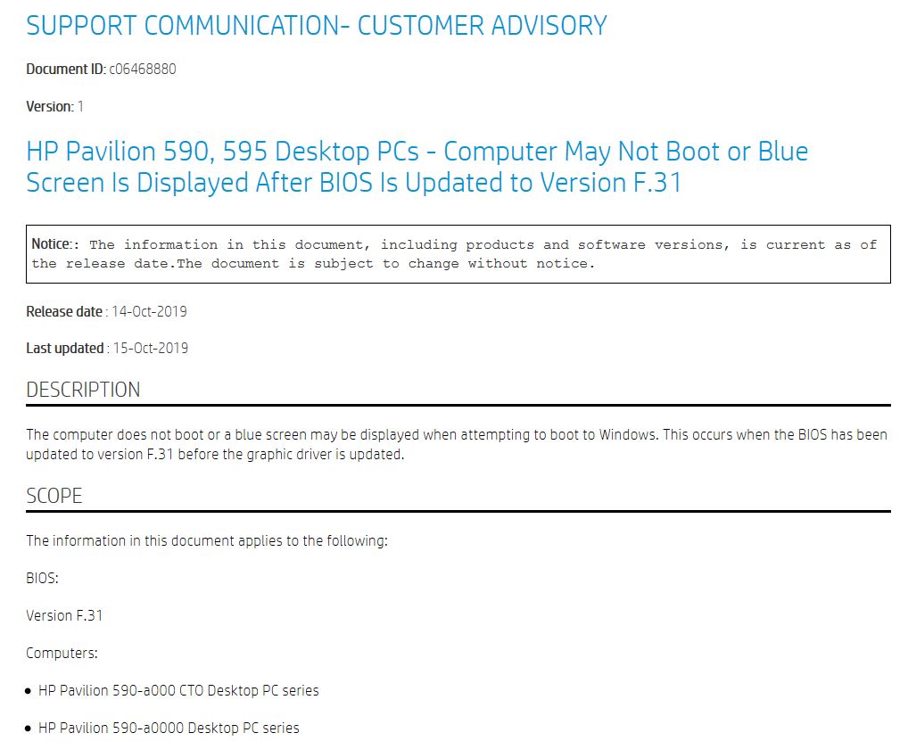 Upgraded BIOS and now system is DEAD- blue screen of death - HP Support ...