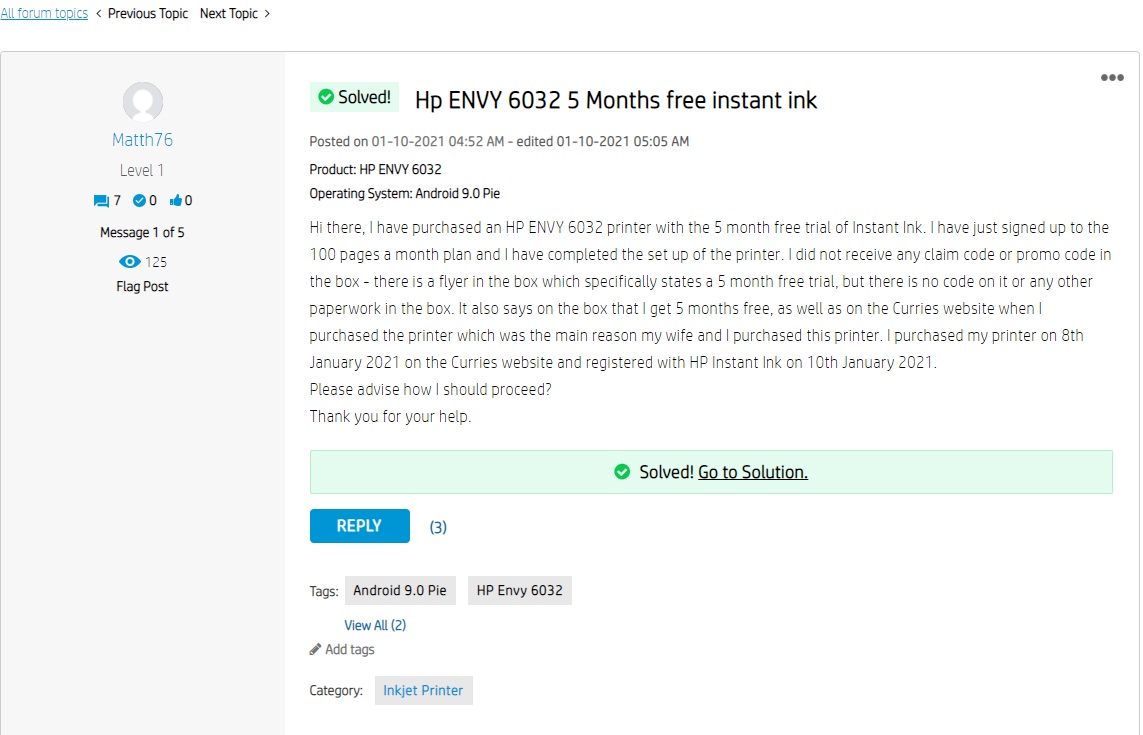 Solved: HP ENVY 6032 5 month free Instant Ink setup - HP Support ...