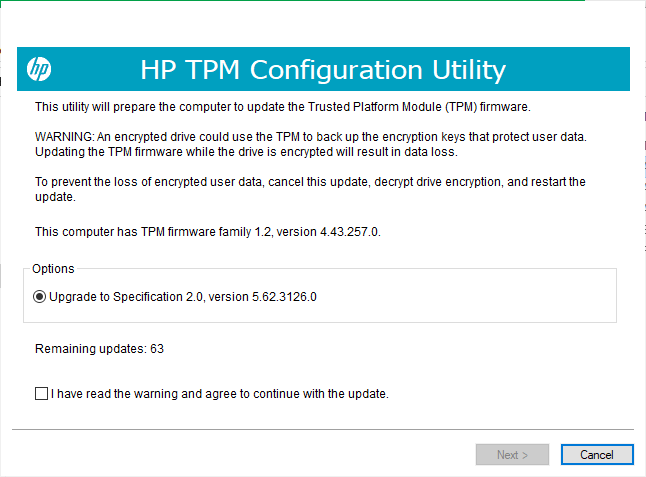 TPM Upgrade from 1.2 to 2.0 fails - HP Support Community - 7985118