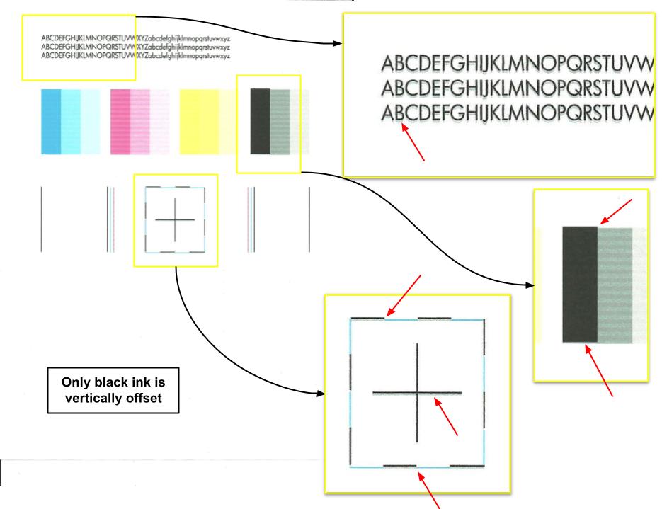 Black ink vertically offset on printouts - HP Support Community - 7996650