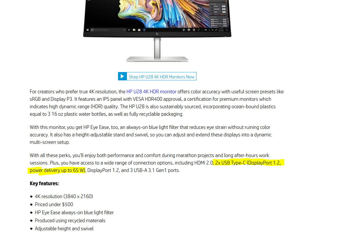 hp u28 4k hdr monitor support daisy chain? - HP Support Community - 8096961