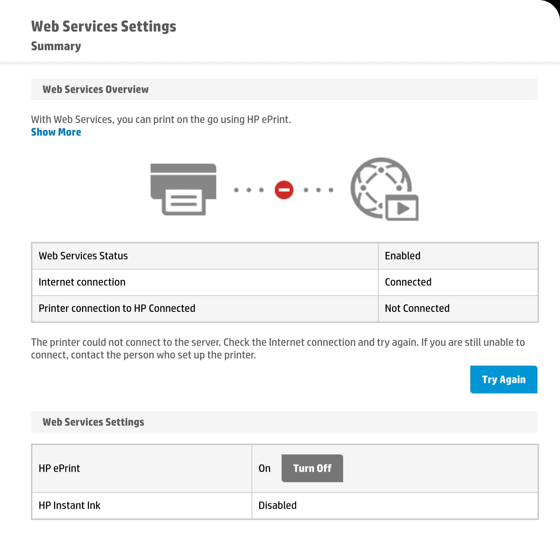 Printer connection to HP Connected - Not Connected - HP Support ...