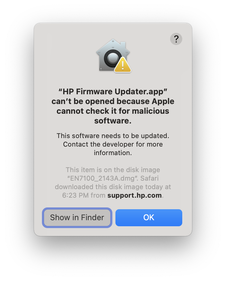HP Firmware Updater Can't Be Opened because Apple cannot che... - HP ...