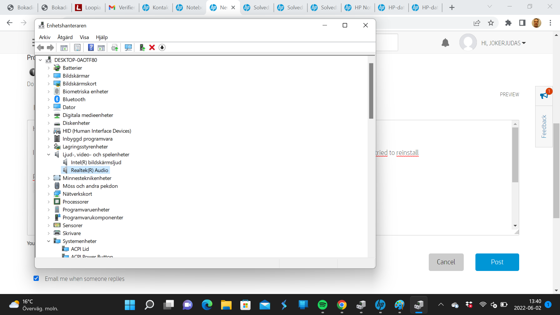 No audio device is installed - HP Support Community - 8394614