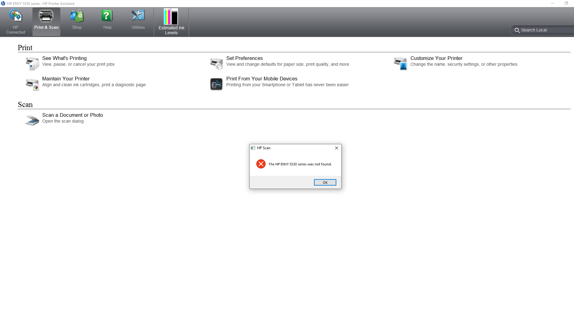 HP Envy 5530, Network Conn Driver Menu Print only, no scan o... - HP ...