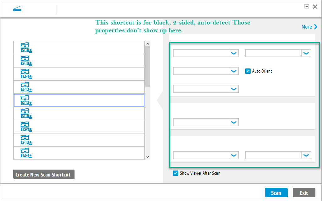 The scan program doesn't show information for the shortcuts,... - HP ...