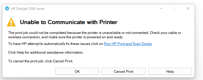 'Unable to communicate with printer' message, then prints - HP Support ...