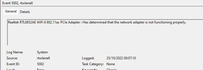 Solved: Realtek RTL8852AE WiFi 6 802.11ax PCIe Adapter : Has determi ...