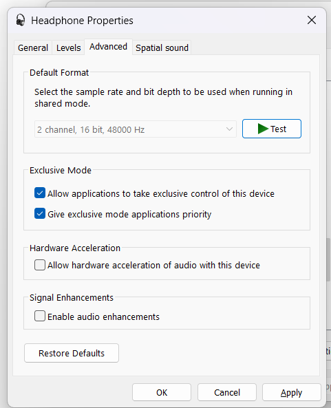 Headphone Sample Rate and Bit Depth grayed out at 16bit 48kH... - HP ...