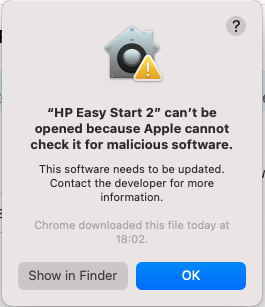 Mac says “HP Easy Start 2” can’t be opened because Apple can... - HP ...