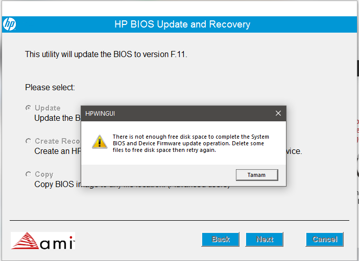 While updating the BIOS, I get the error "there is not enoug... - HP ...