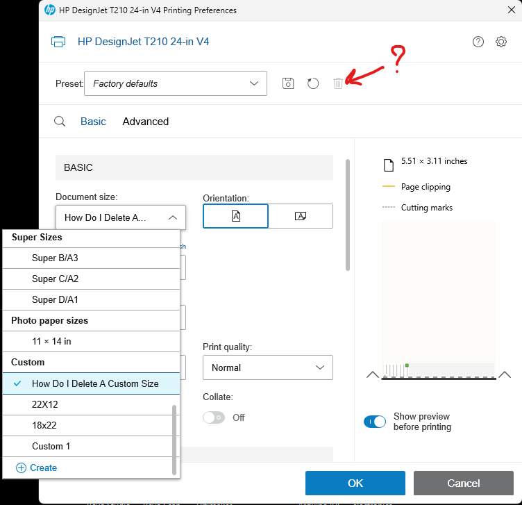 T210 Delete Custom Paper Size - HP Support Community - 8623572