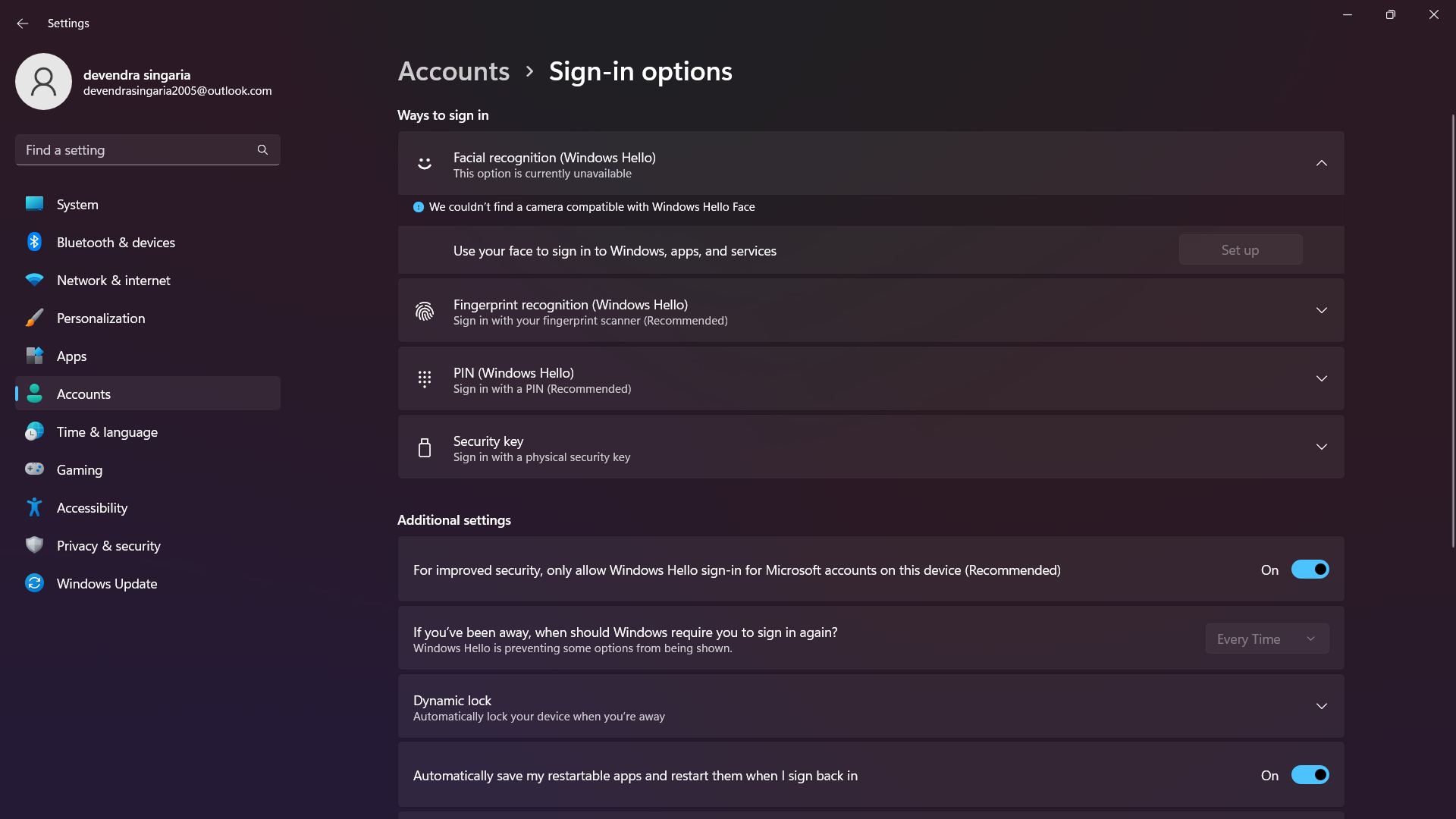 i can not use camera as sign in option for lock and i have c... - HP ...