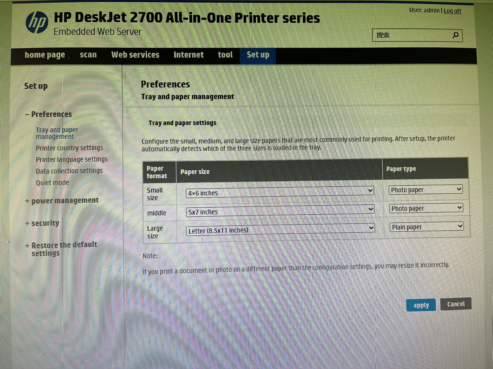 paper size is not set correctly，information light on - HP Support ...