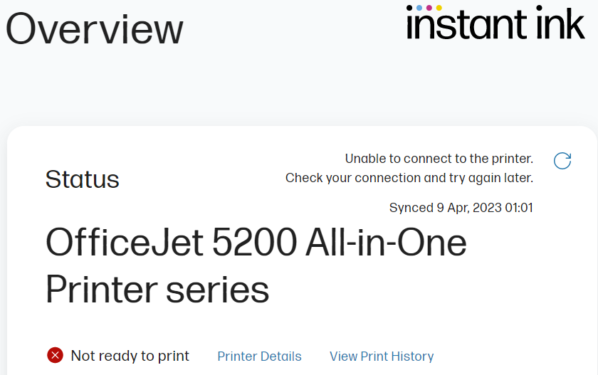 Solved: Instant Ink overview shows can't connect to printer but prin ...