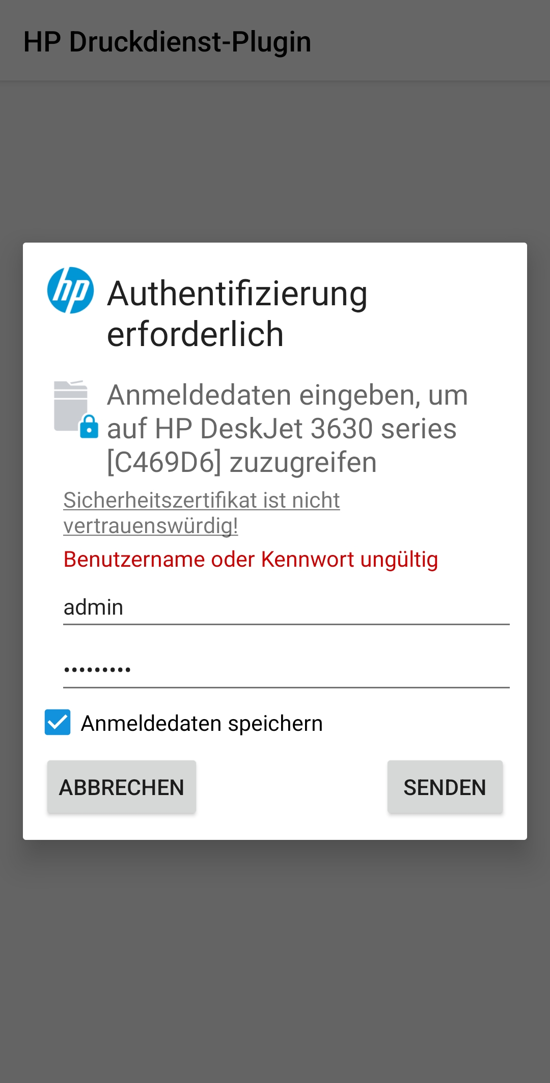 Authentification on Hp Printing Plugin not possible - HP Support ...