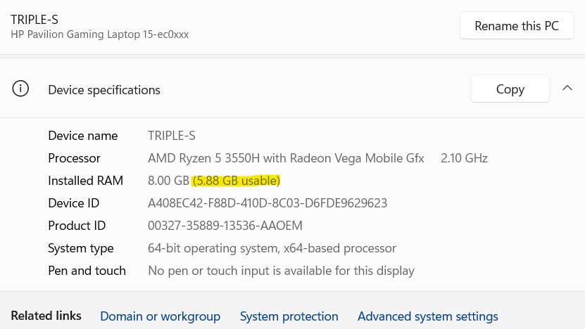 Only 5.88 GB Usable RAM showing out of 8 GB in HP Pavilion g... - HP ...