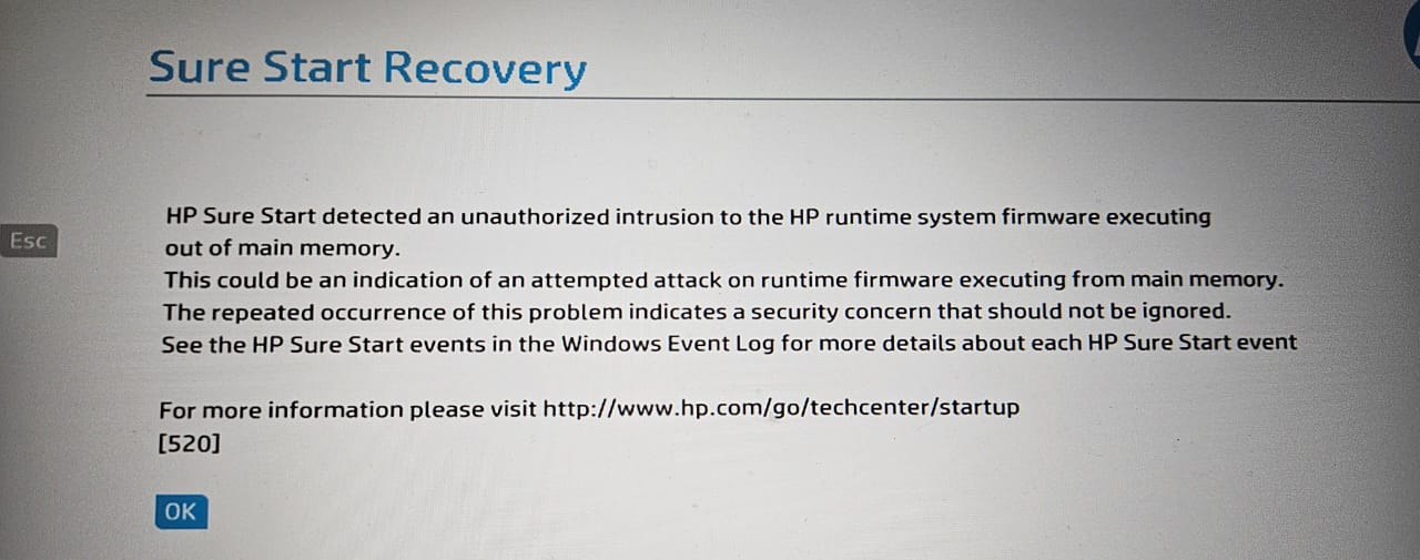 HP Elitebook 840 G9 - Sure start Recovery Error - 520 - HP Support ... HP Elitebook 840 G9 - Sure start Recovery Error - 520 - HP Support ...