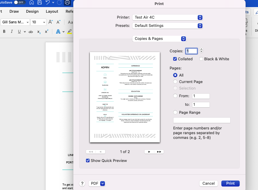 Black and White option not showing up when printing Word Doc - HP ...