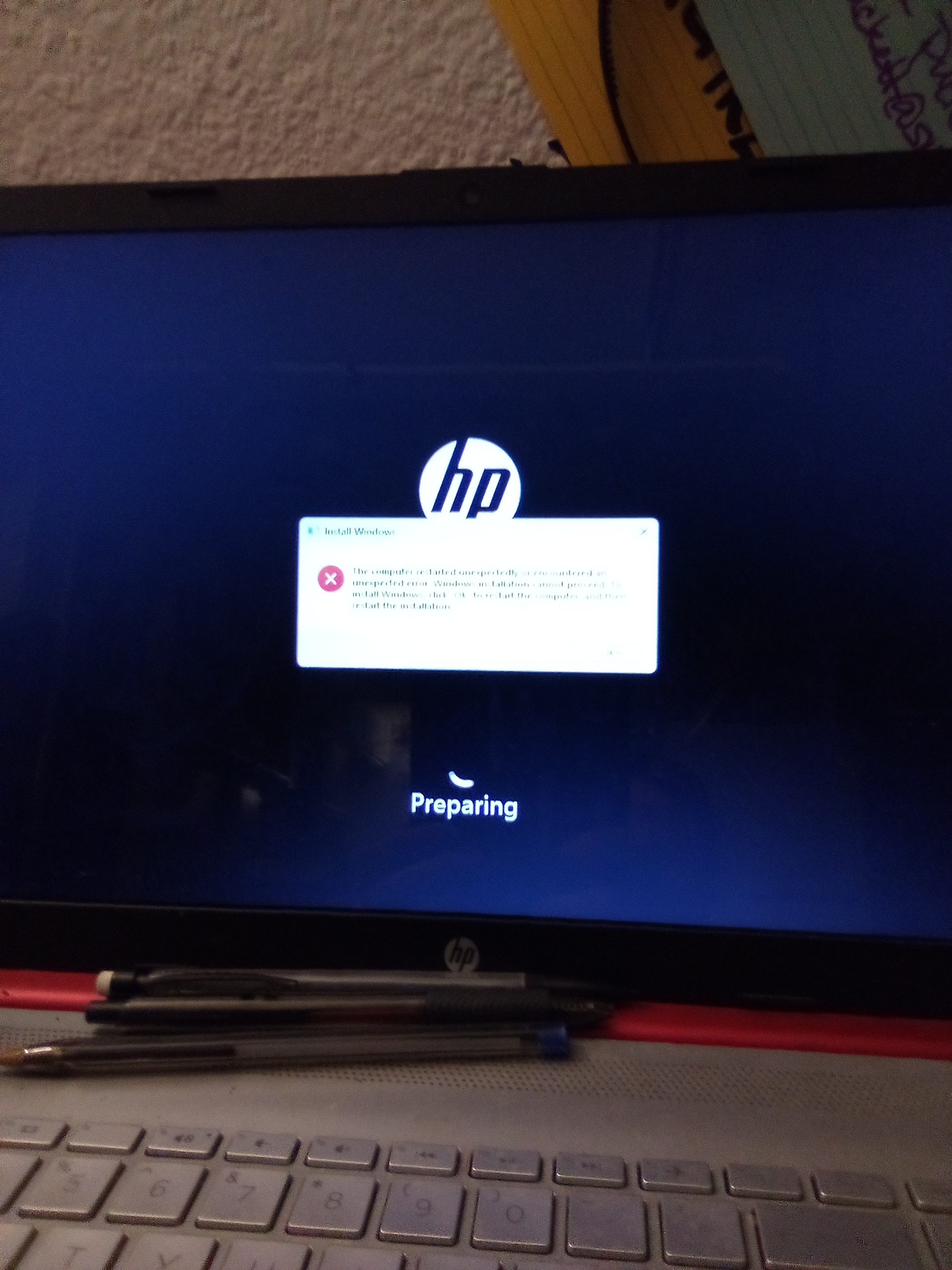 Unexpected error during Windows install after reset on Windo... - HP ...