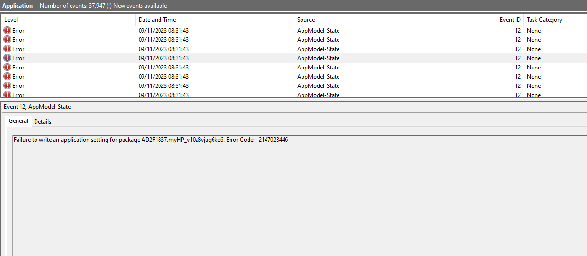AppModel-State Error 2147023446: Failure to write an applica... - HP Support Community - 8909803