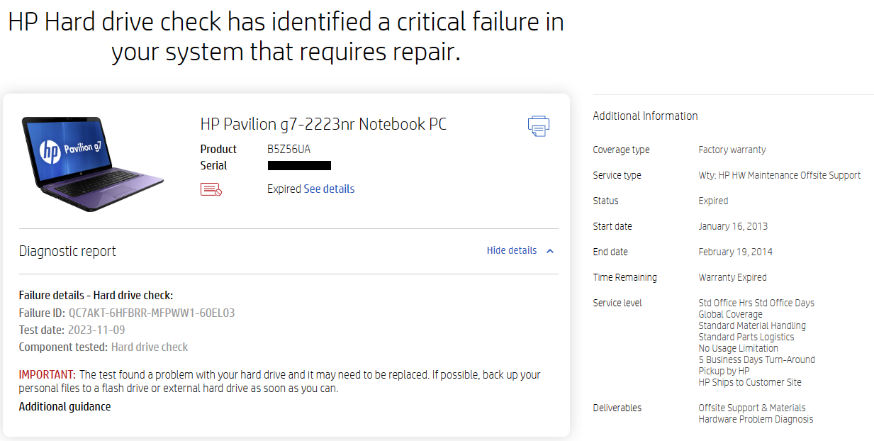 My laptop is showing failure id:QC7AKT-6HFBRR-MFPWW1-60EL03 - HP ...