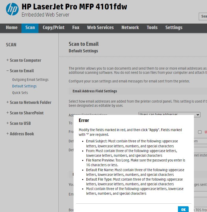 Scan To Email - Nonsensical EWS Field Errors - HP Support Community ...