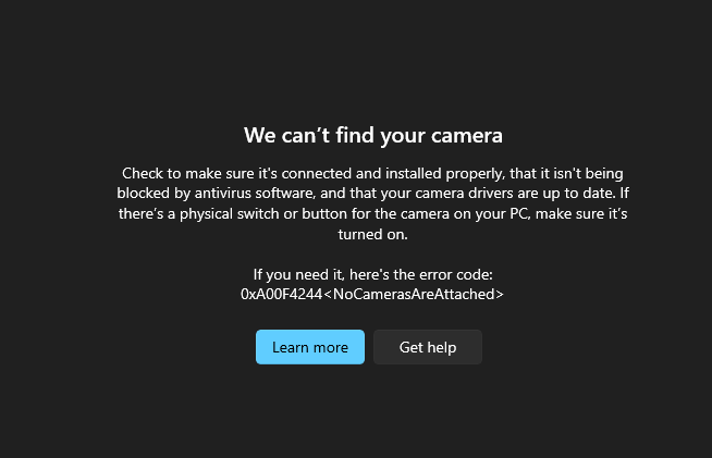 My camera is not working, error showing "No camera is attach... - HP ...
