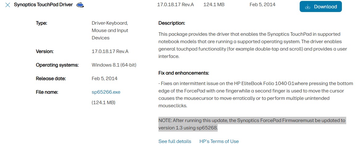 where can I download the Synaptics ForcePad Firmware 1.3 or ... - HP ...