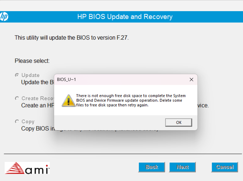 Getting an error message, "There is not enough free disk spa... - HP ...