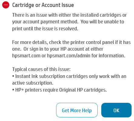 Solved: No Print - Cartridge or Account Issue error message - HP ...