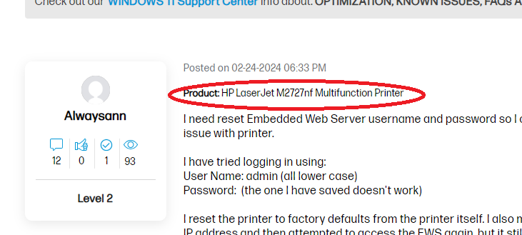 Unable to reset Embedded Web Server username and password - HP Support ...