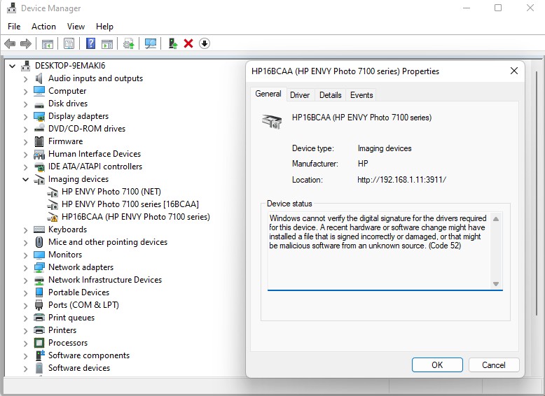Windows 11 Code 52 on HP Envy Photo 7100 Series - HP Support Community ...