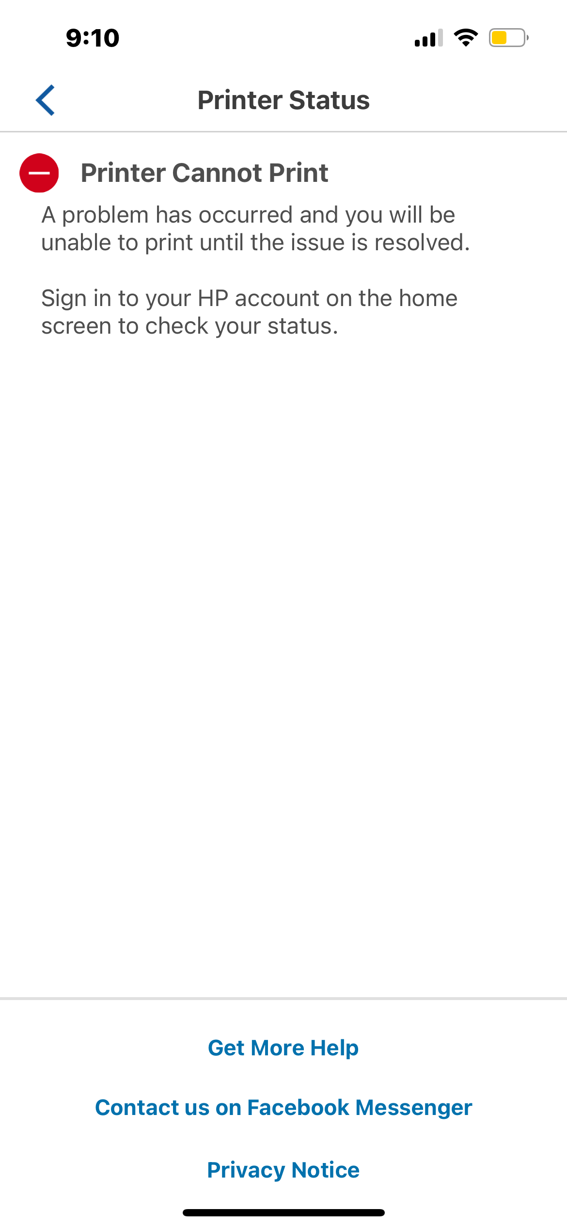 says on my app problem occurred and my printer can’t. print ... - HP ...