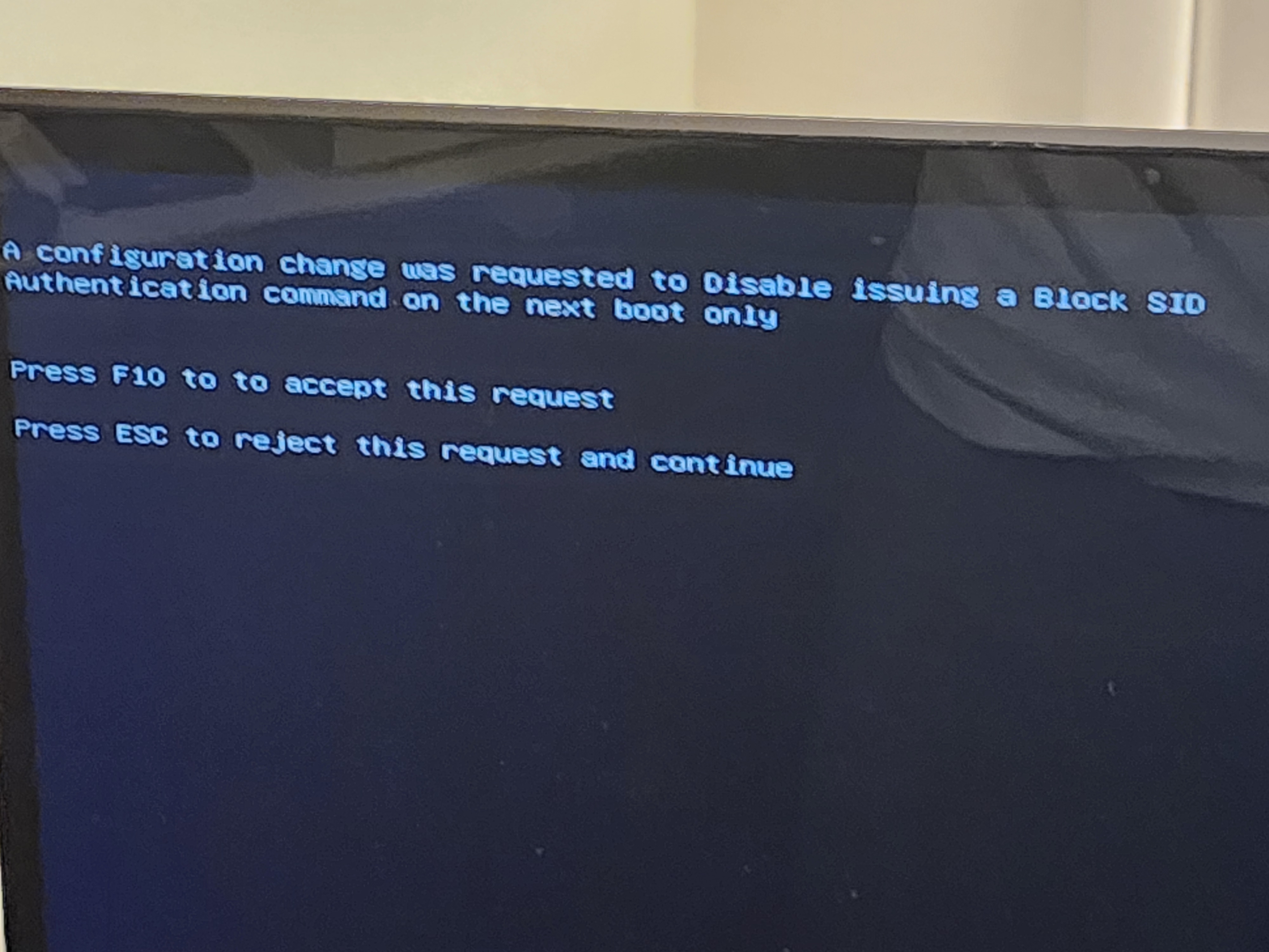 Solved: Persistent POST screen message Disable issuing a Block SID - HP ...